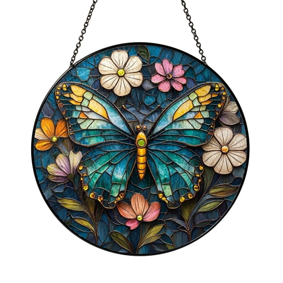 Butterfly Flower Window Hanging Decor, Stained Glass Style Fantasy ...