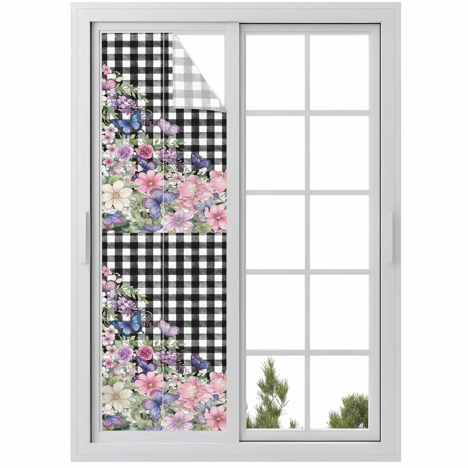 Butterfly Flower Window Privacy Film, Watercolor Pink Rose Floral Black ...