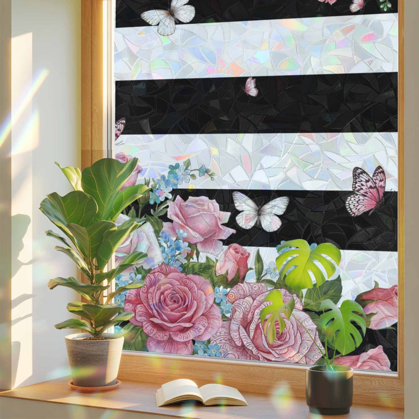 Butterfly Flower Window Privacy Film, Watercolor Pink Rose Floral Black ...