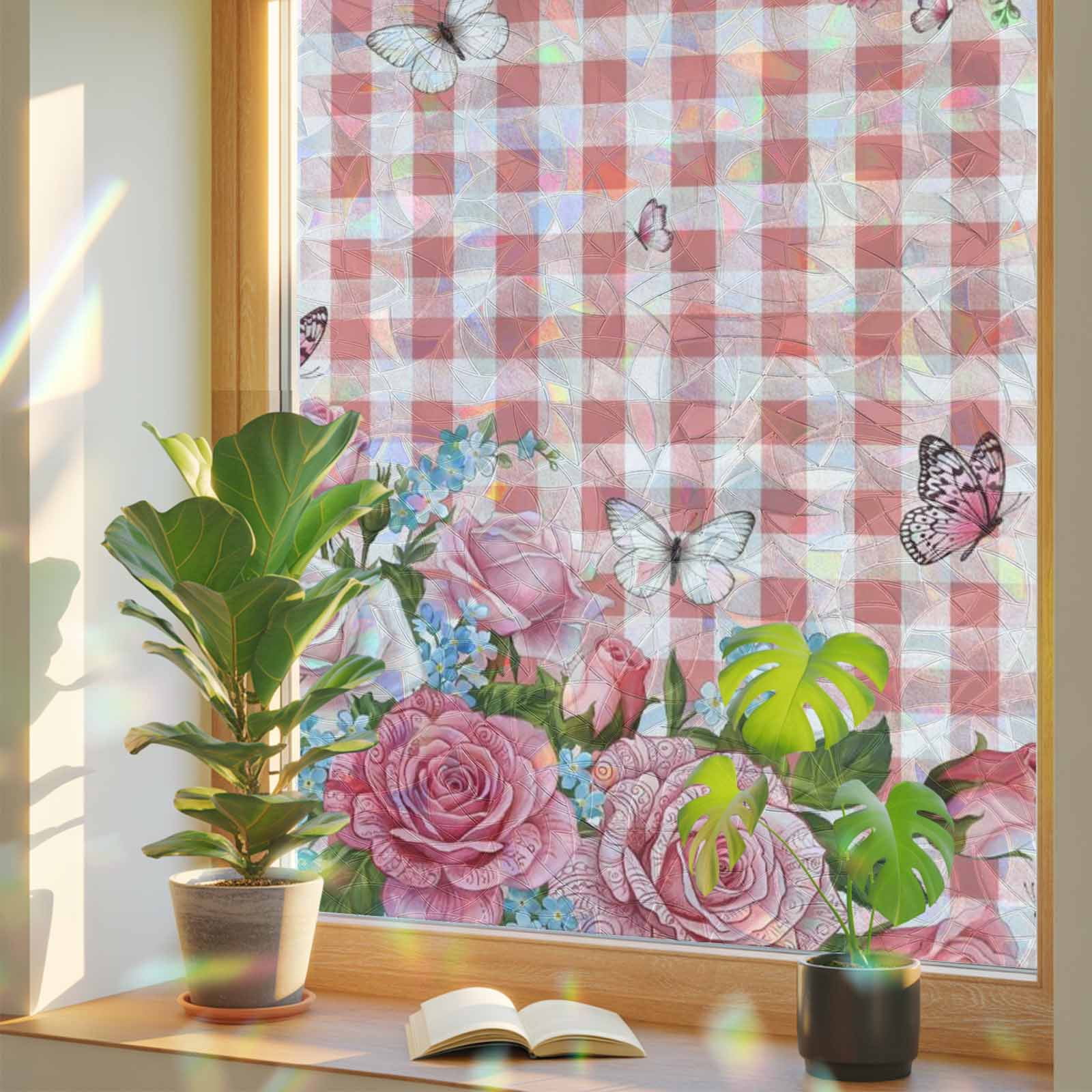 Butterfly Flower Window Privacy Film, Watercolor Pink Rose Floral Pink ...