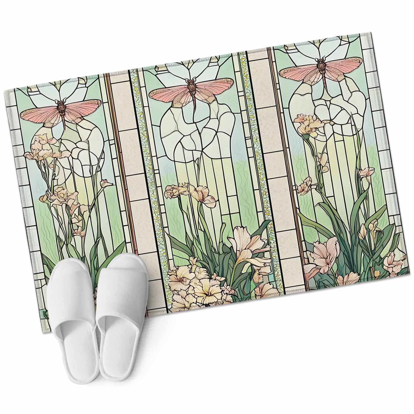 Butterfly Flowers 2'x3' Washable Rug, Vintage Stained Glass Green ...