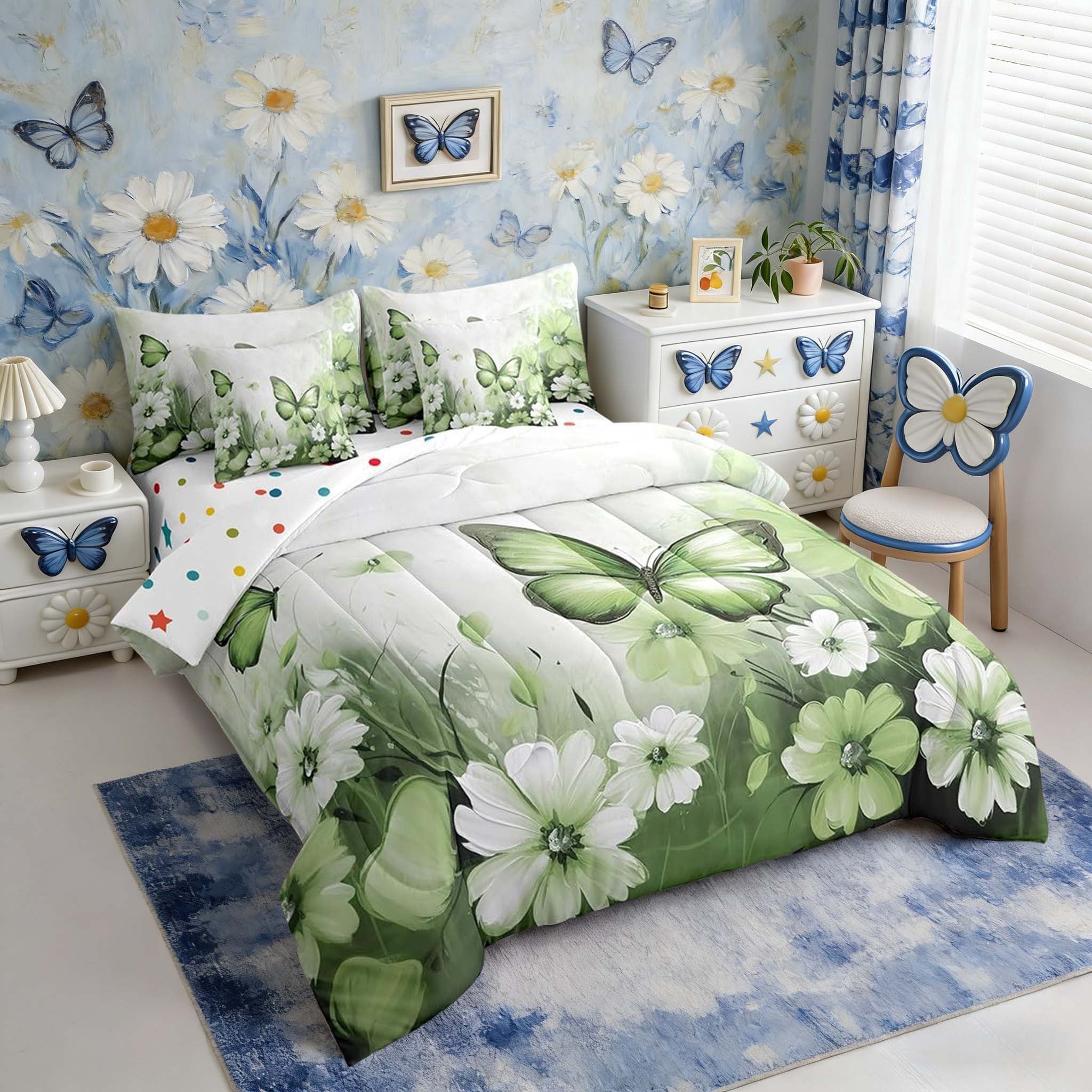 Butterfly Flowers 7 Piece Comforter Set Full Bed in a Bag,Light Green ...