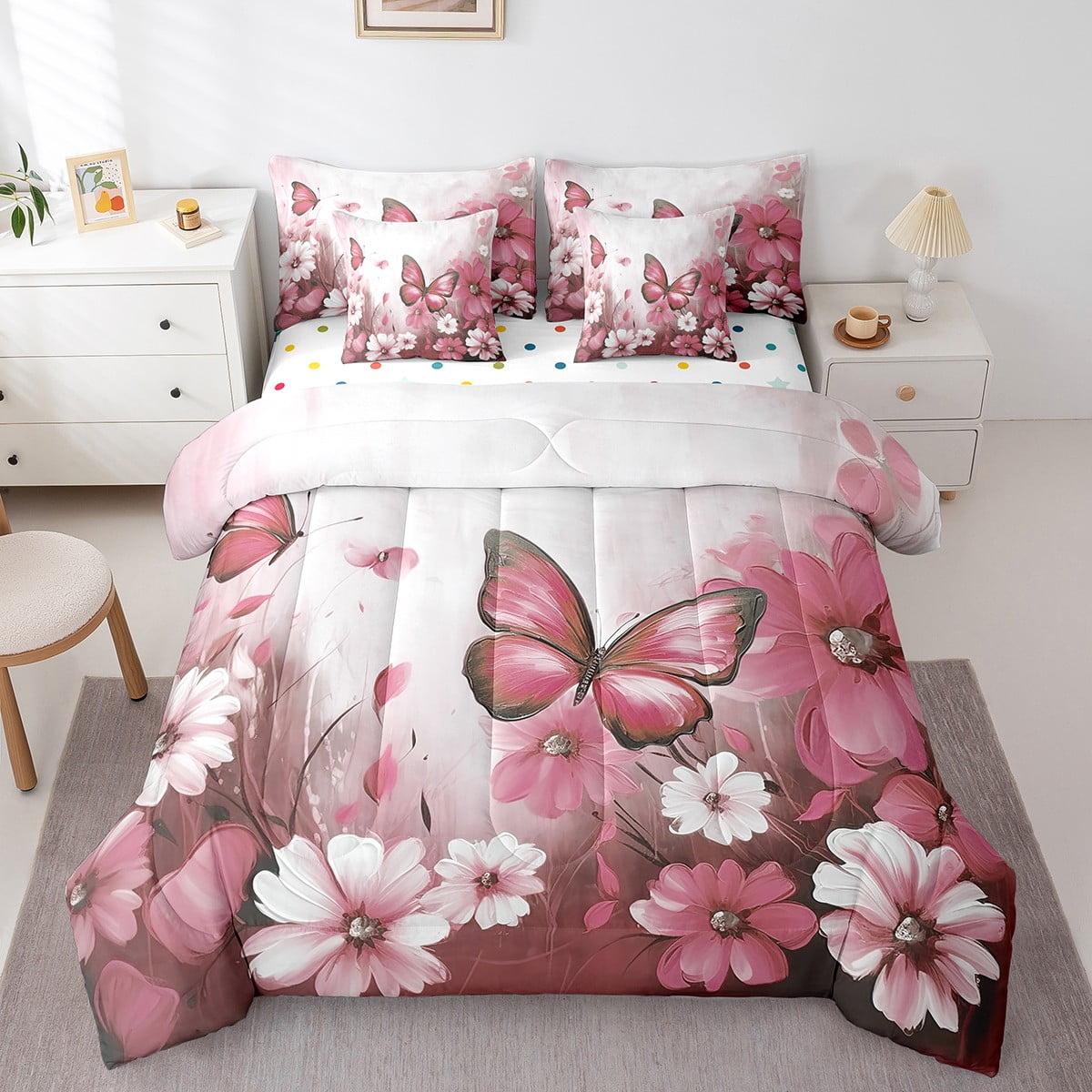 Butterfly Flowers 7 Piece Comforter Set Full Bed in a Bag,Pink Ombre ...