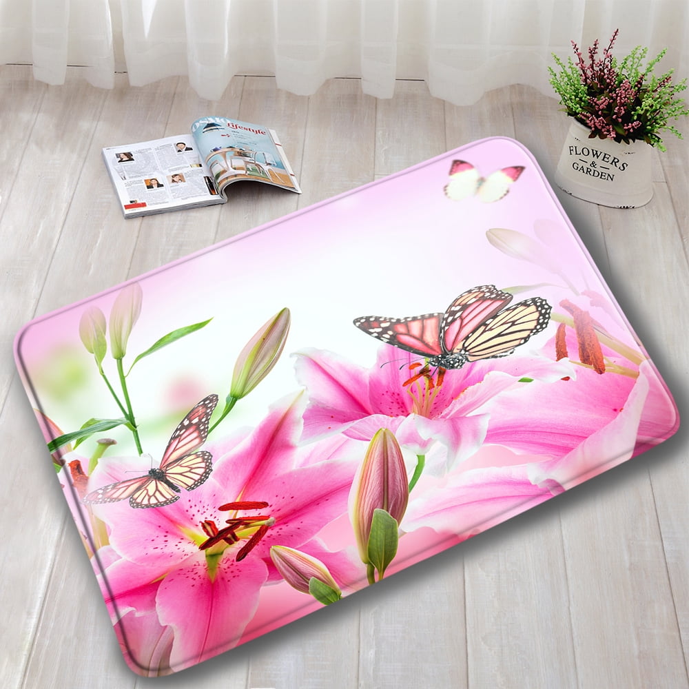 Butterfly Flowers Bath Mat Set Rustic Pink Floral Plant Nature Scenery ...