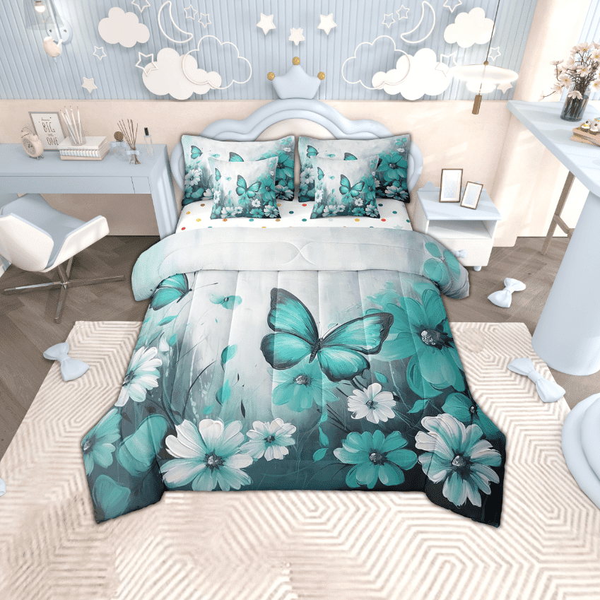 Butterfly Flowers Bed in a Bag Queen Comforter Set 7 Piece,Mint Green ...