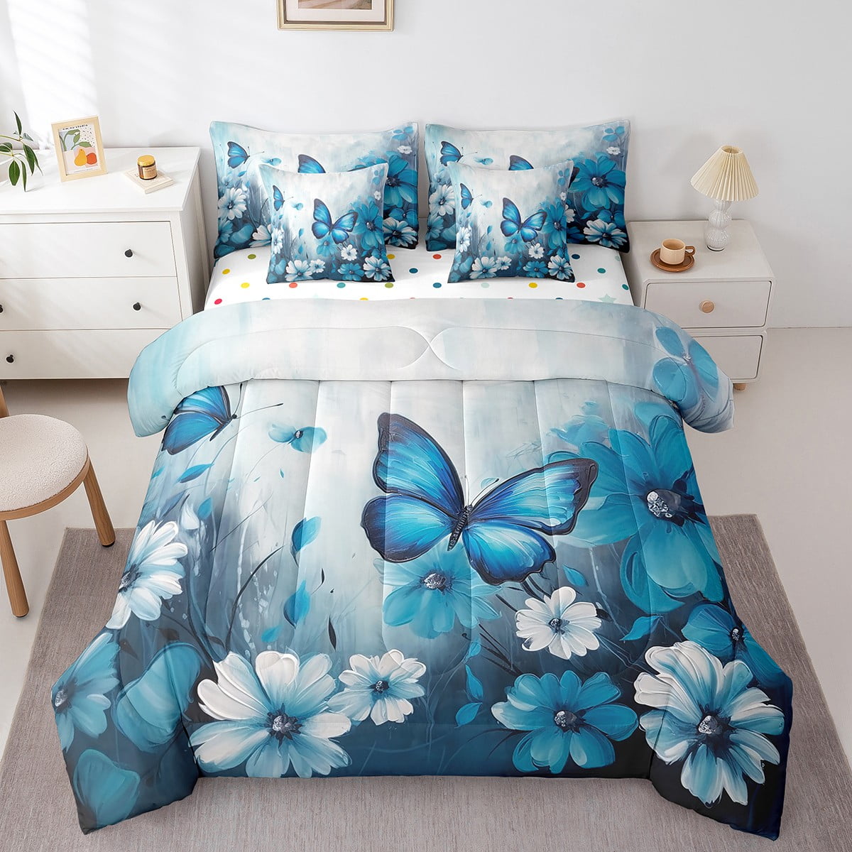 Butterfly Flowers Comforter Set 7 Piece Bed in a Bag Twin,Blue Ombre ...