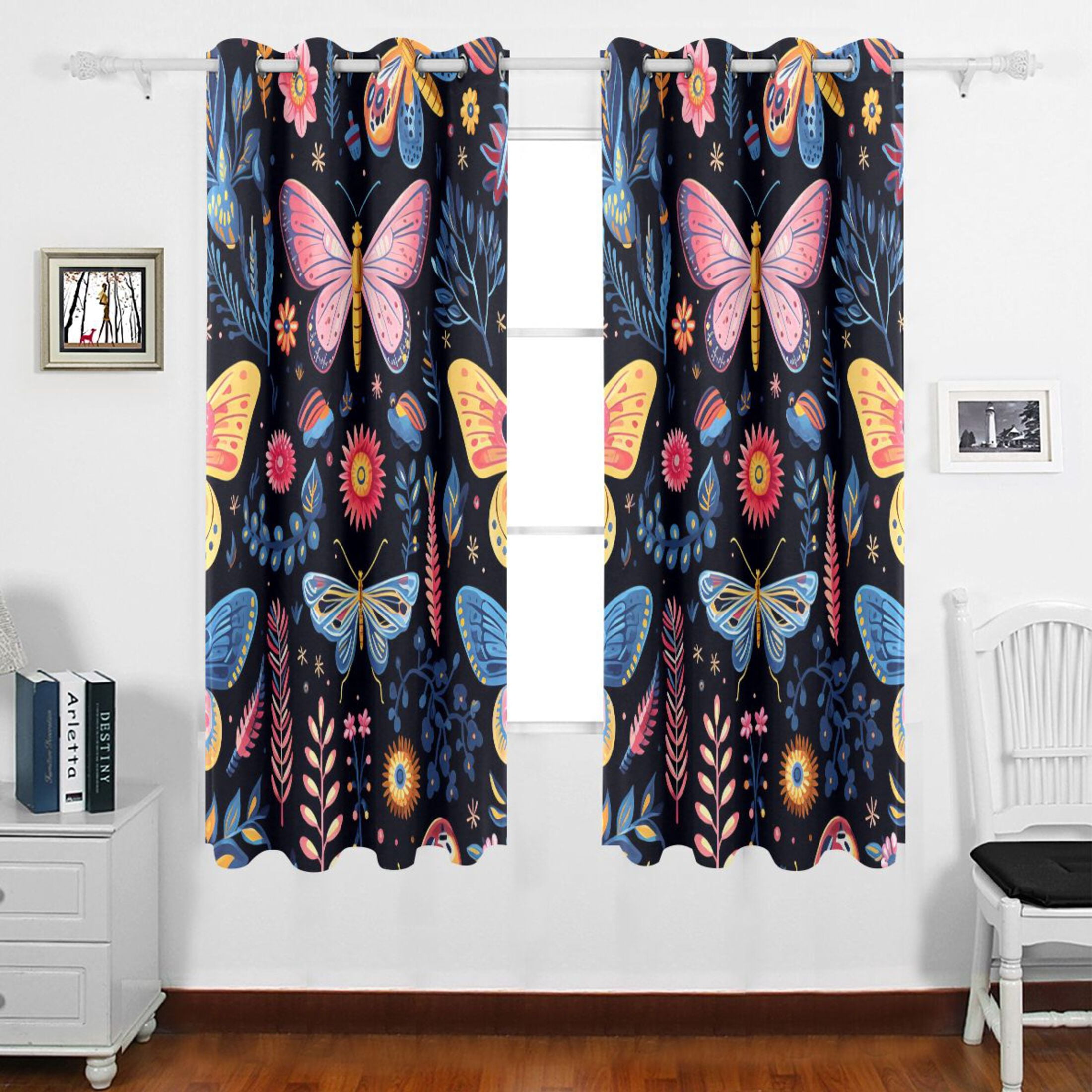 Butterfly Flowers Grommet Blackout Curtains Thermal Insulated Window ...