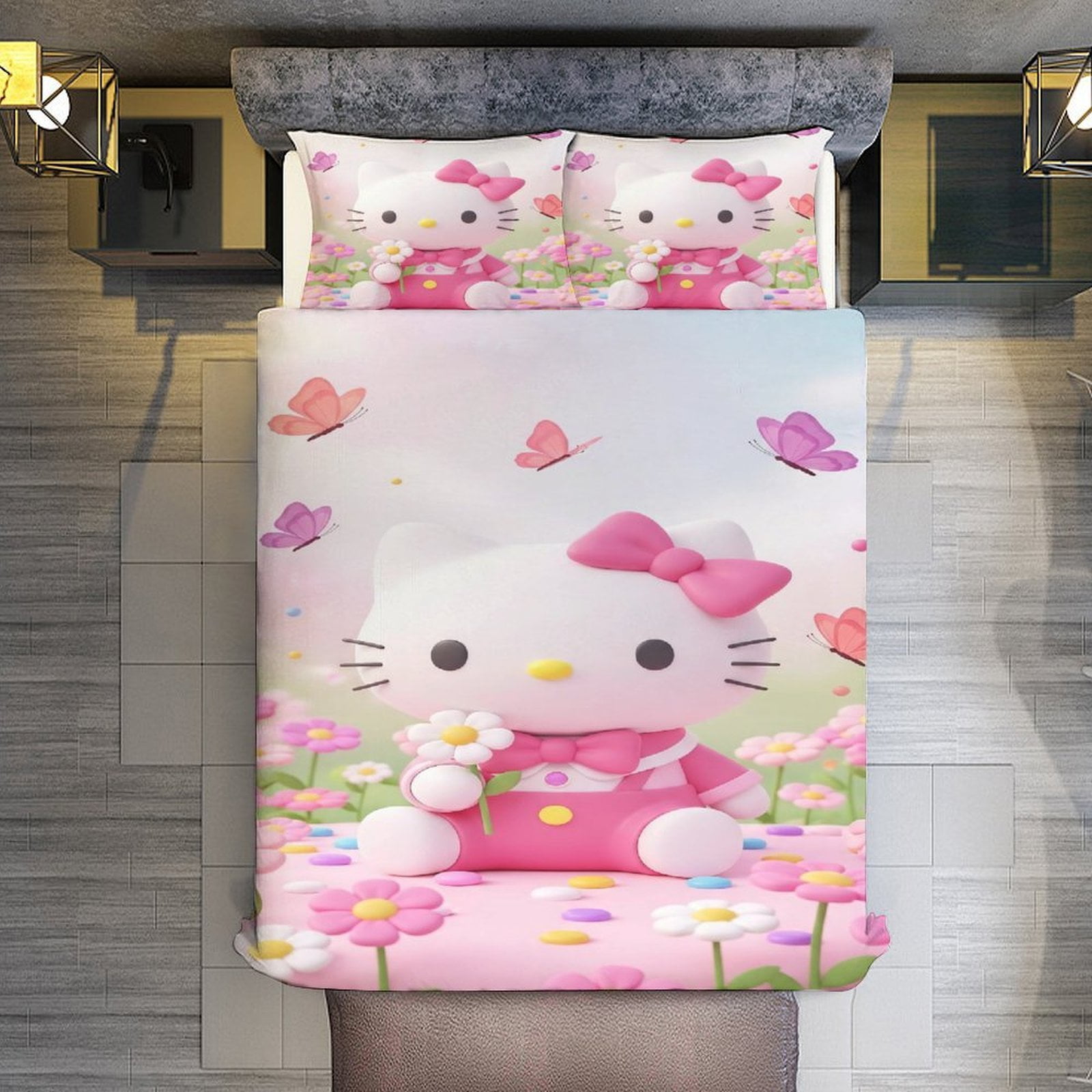 Butterfly Flowers Hello Kitty Queen Sheet Set for Kids and Adults,Soft ...