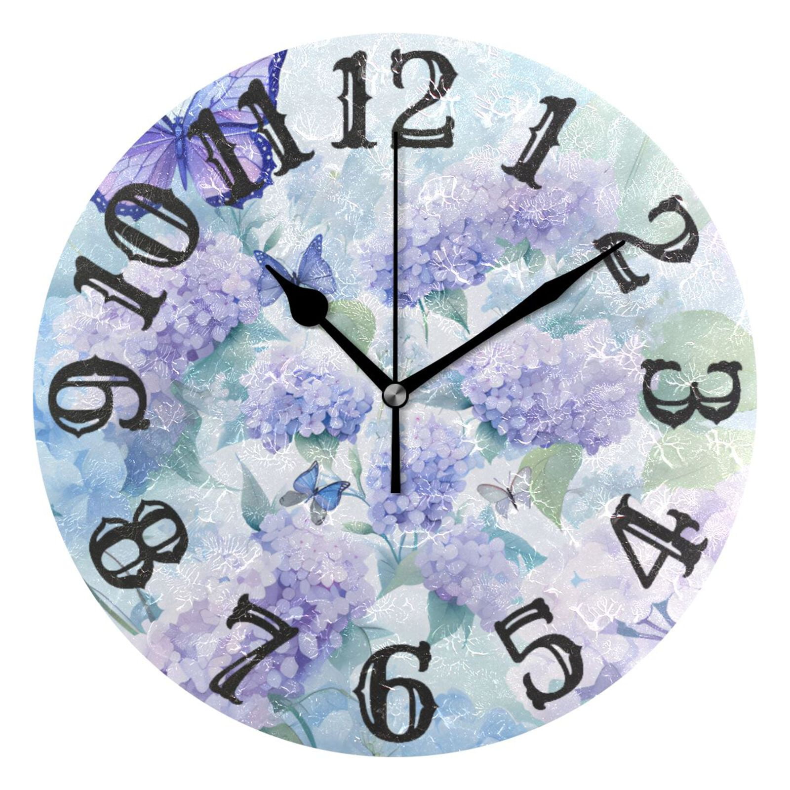 Butterfly Flowers Hydrangea 10 inch Wall Clocks Non Ticking Easy to Read Battery Decorative for ...