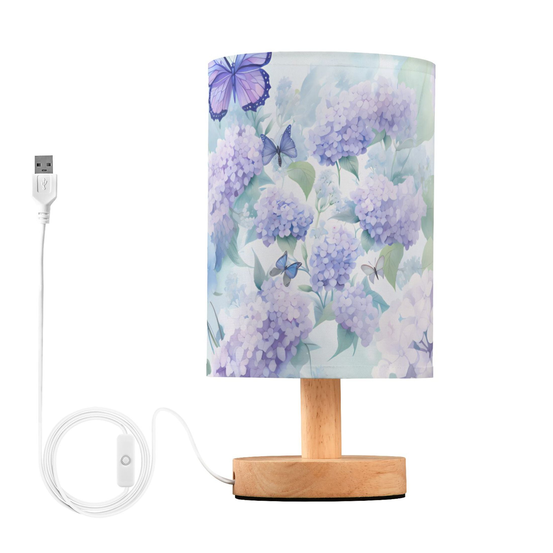 Butterfly Flowers Hydrangea Table Lamp USB Bedside Desk Nightstand Lamp ...