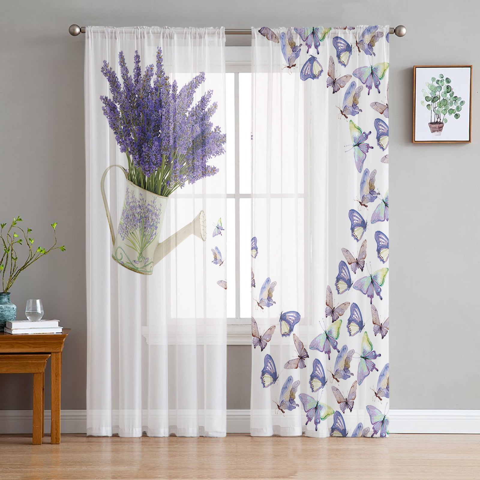 Butterfly Flowers Kettle Watercolor Painting Sheer Curtain for Living ...