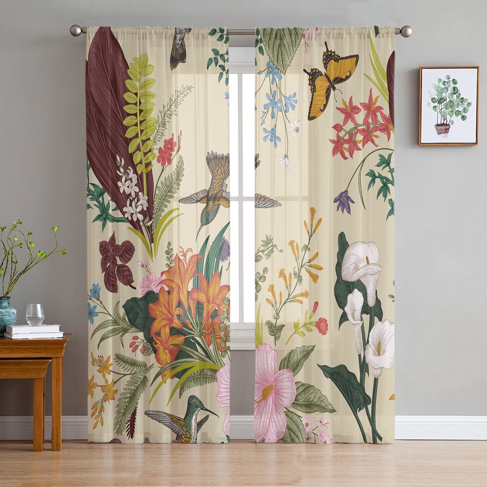 Butterfly Flowers Kettle Watercolor Painting Sheer Curtain for Living ...