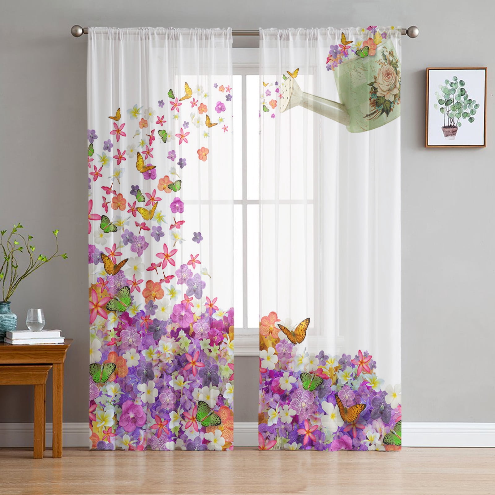 Butterfly Flowers Kettle Watercolor Painting Sheer Curtain for Living ...
