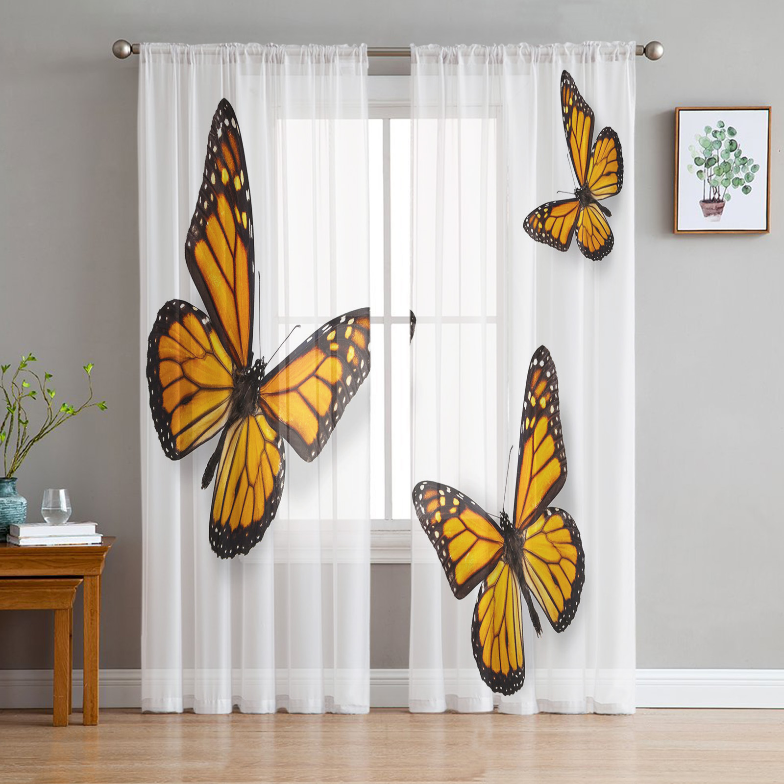Butterfly Flowers Kettle Watercolor Painting Sheer Curtain for Living ...