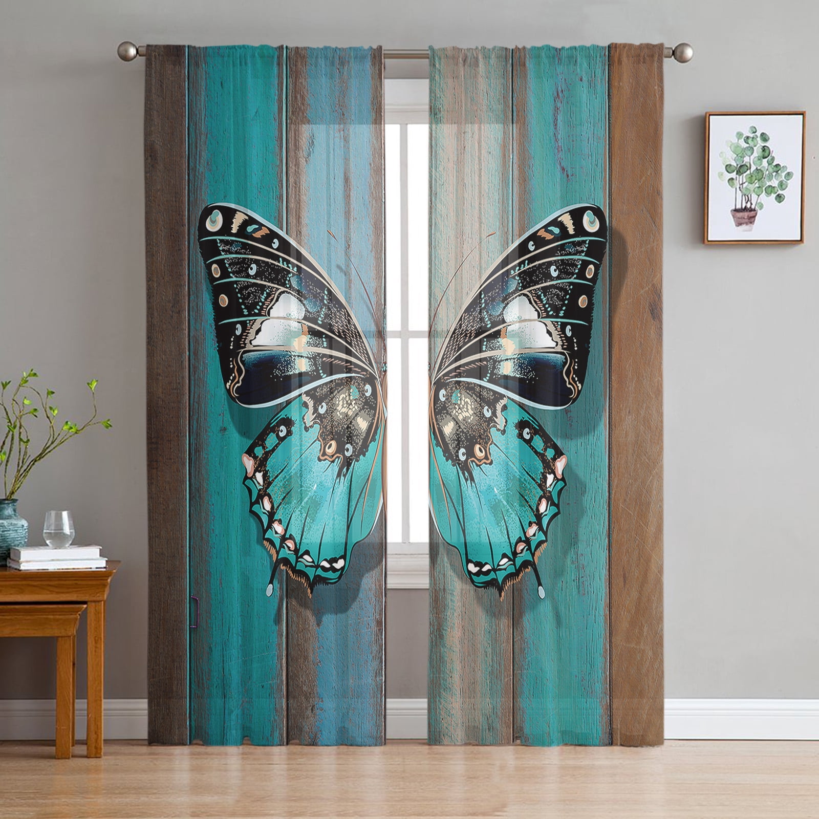 Butterfly Flowers Kettle Watercolor Painting Sheer Curtain for Living ...