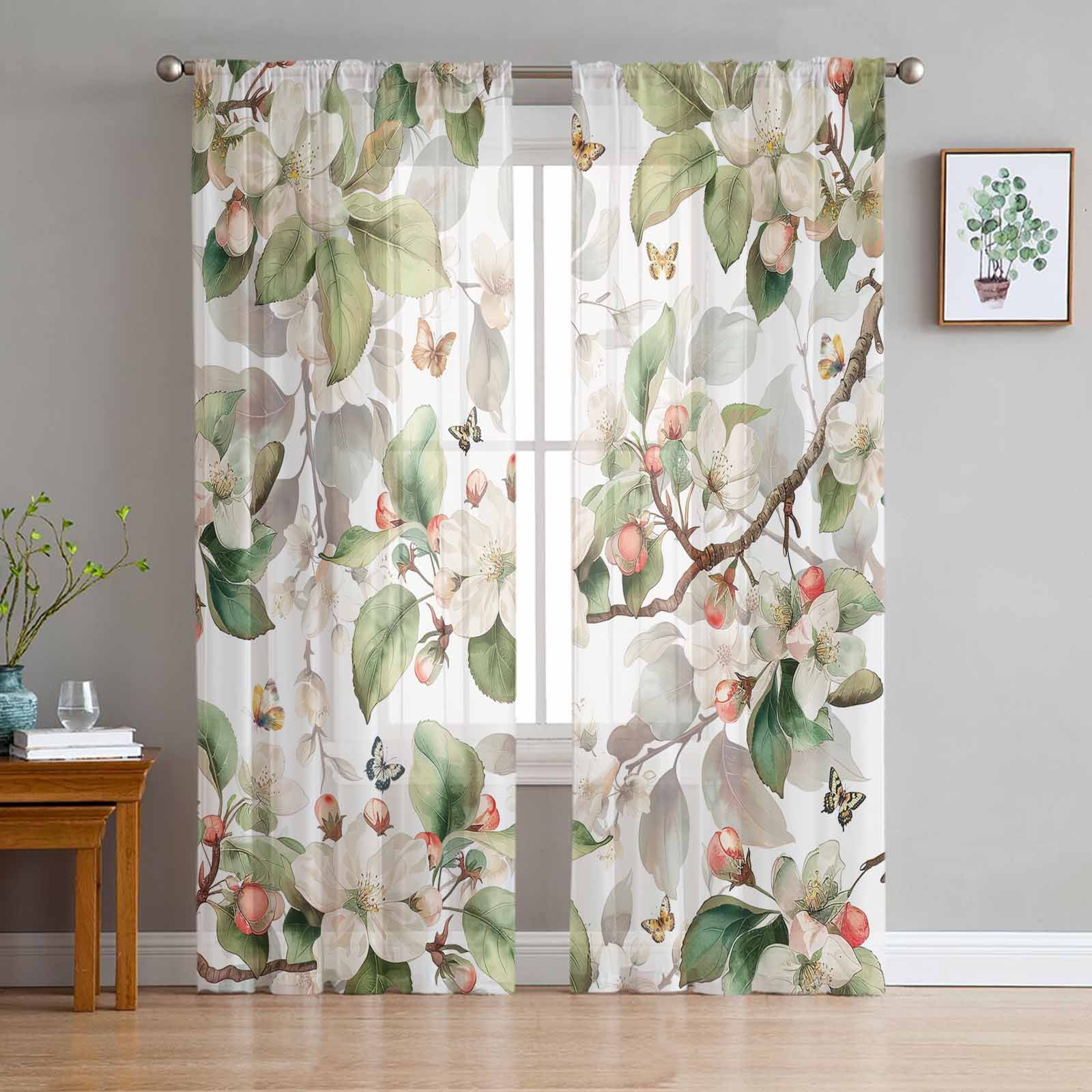 Butterfly Flowers Leaves Window Tulle Curtains for Living Room Kitchen ...