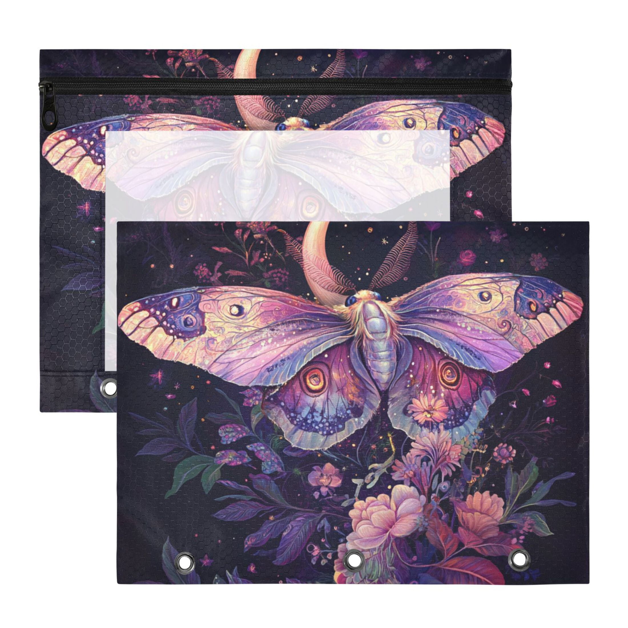 Butterfly Flowers Moonlight 3-Ring Binder Pouches A4 Size Zipper Pocket ...