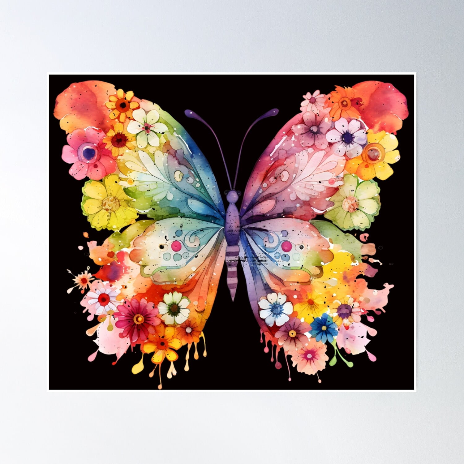Butterfly & Flowers Poster Wall Art, Modern Wall Decor, 24x24 UNFRAMED ...