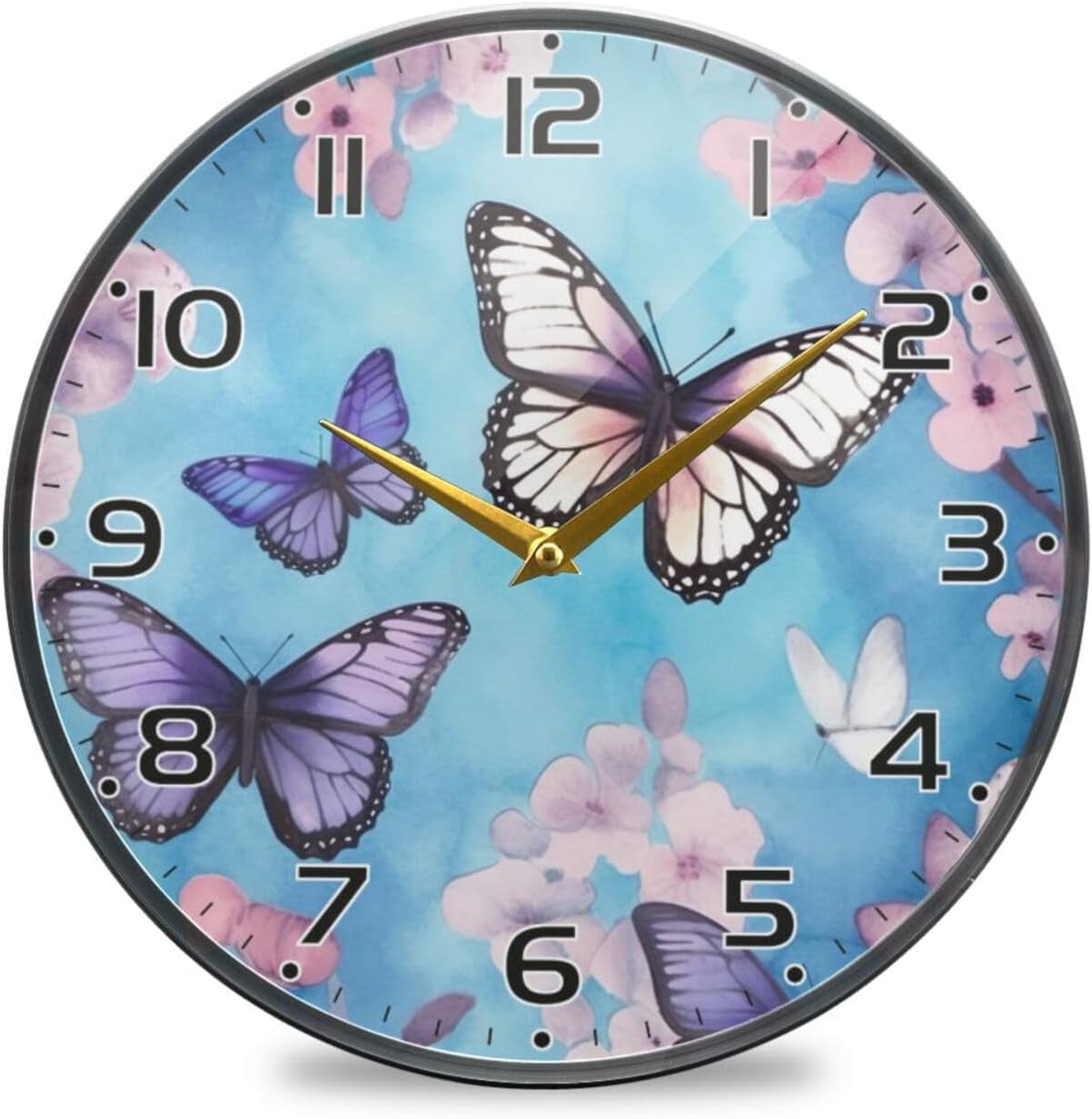 Butterfly Flowers Purple Wall Clock Round Silent Non Ticking Battery ...