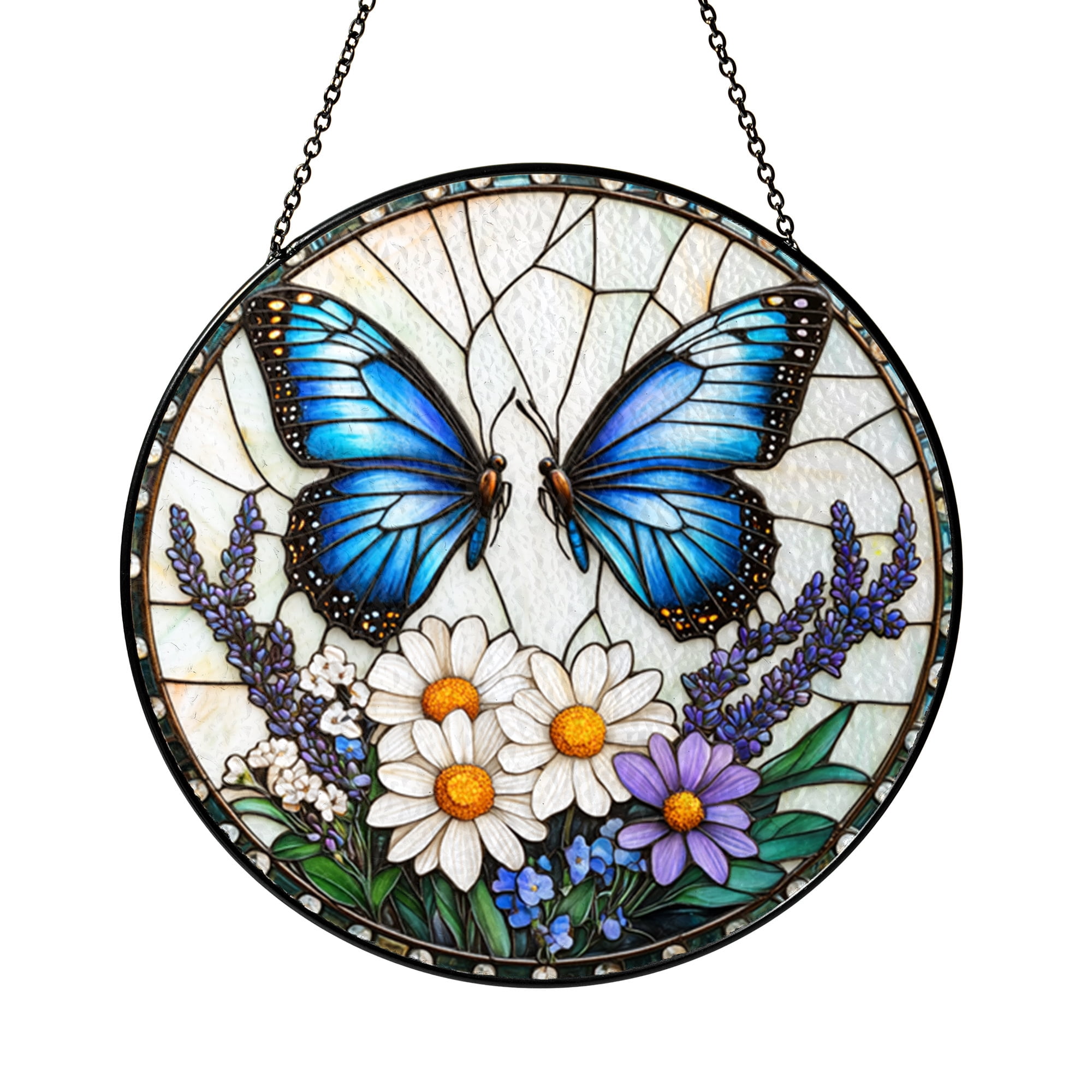Butterfly Flowers Stained Glass Style Suncatcher Window Hanging, Floral ...