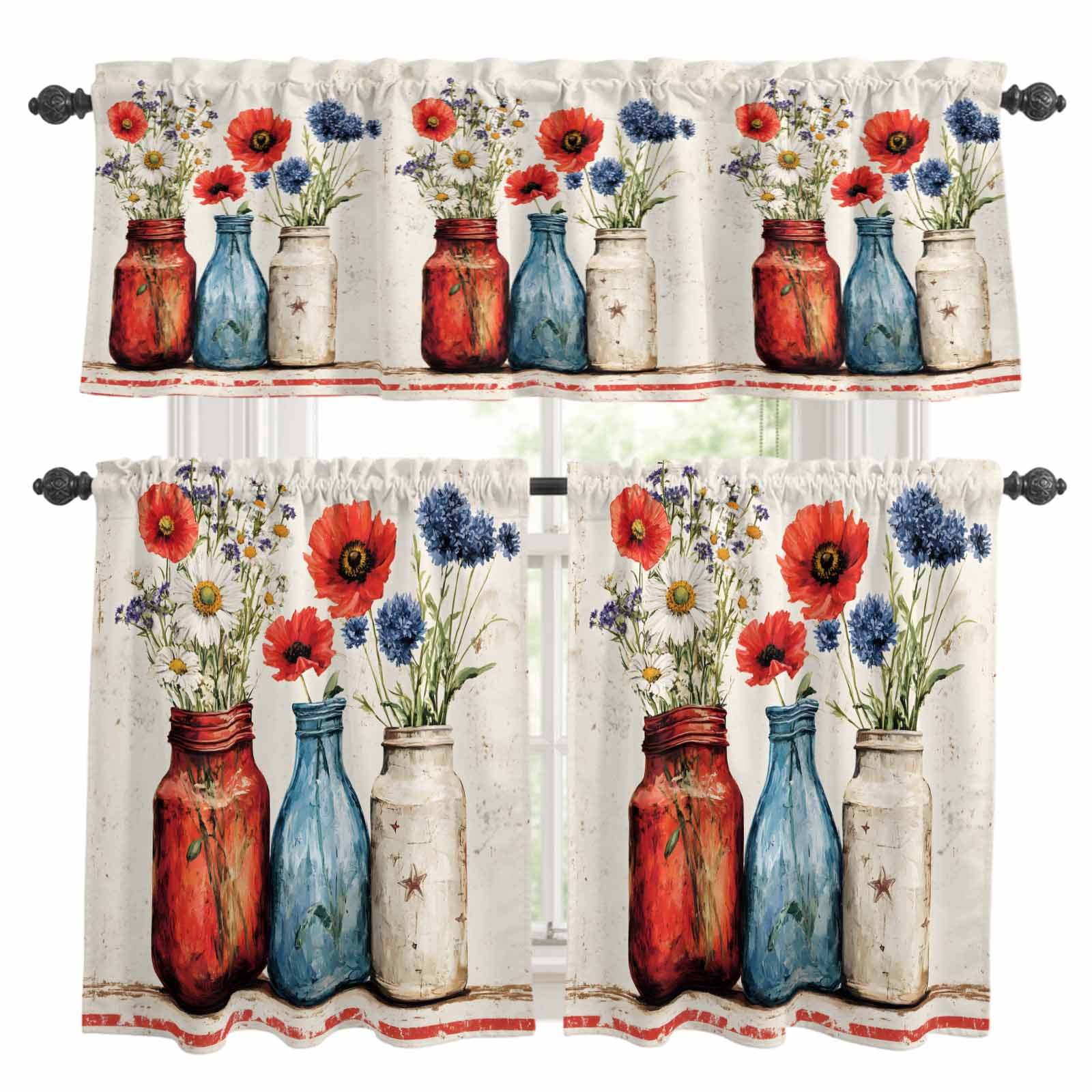 Butterfly Flowers in Vase Kitchen Curtains Set for Windows, Spring ...