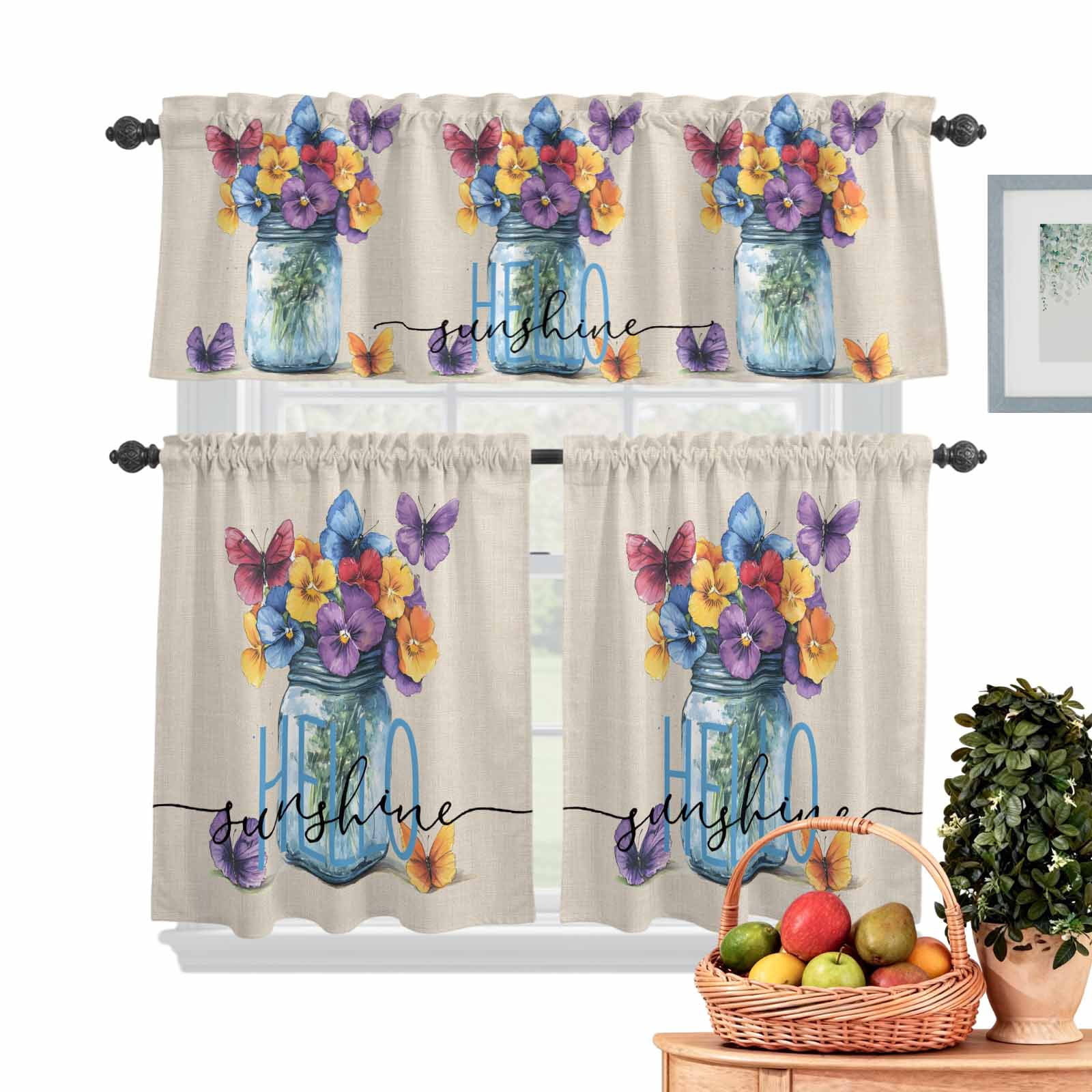 Butterfly Flowers in Vase Kitchen Curtains Valances 3 Piece Set, Spring ...