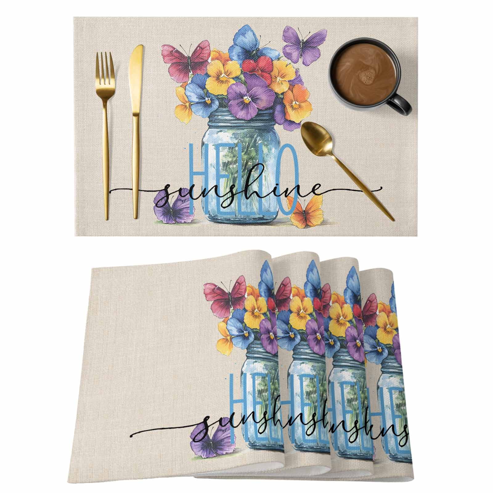 Butterfly Flowers in Vase Placemats Set of 12, Spring Floral Hello ...