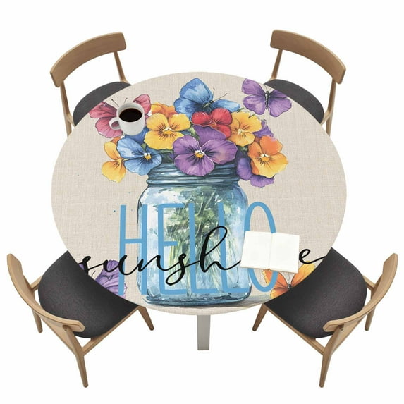 Butterfly Flowers in Vase Round Fitted Tablecloth with Elastic Edge ...