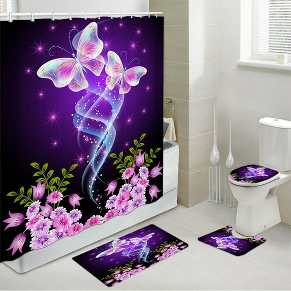 Butterfly Flowers Waterproof Shower Curtain Non-Slip Mat Rug Carpet Toilet Seat Cove Polyester ...