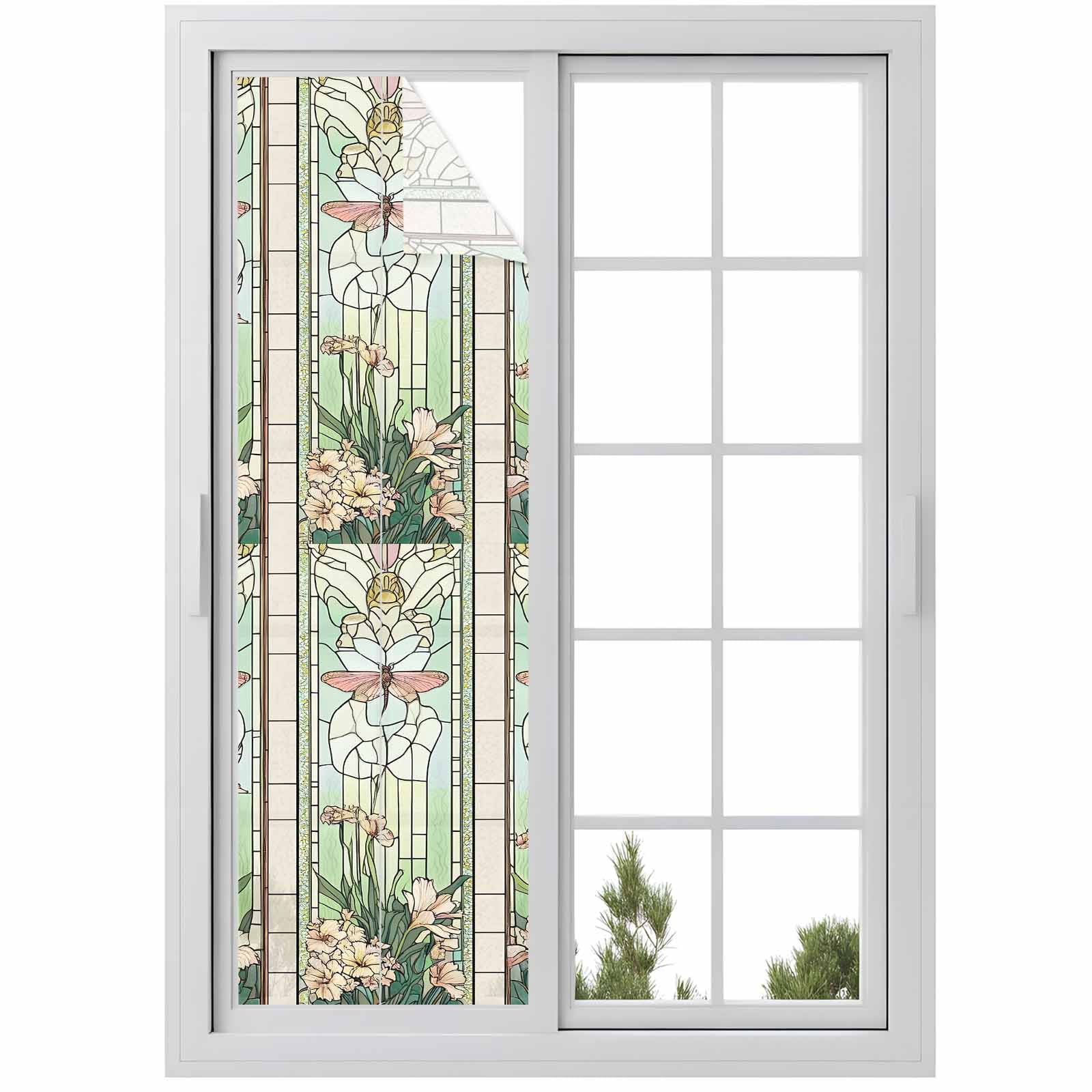 Butterfly Flowers Window Privacy Film, Vintage Stained Glass Green ...