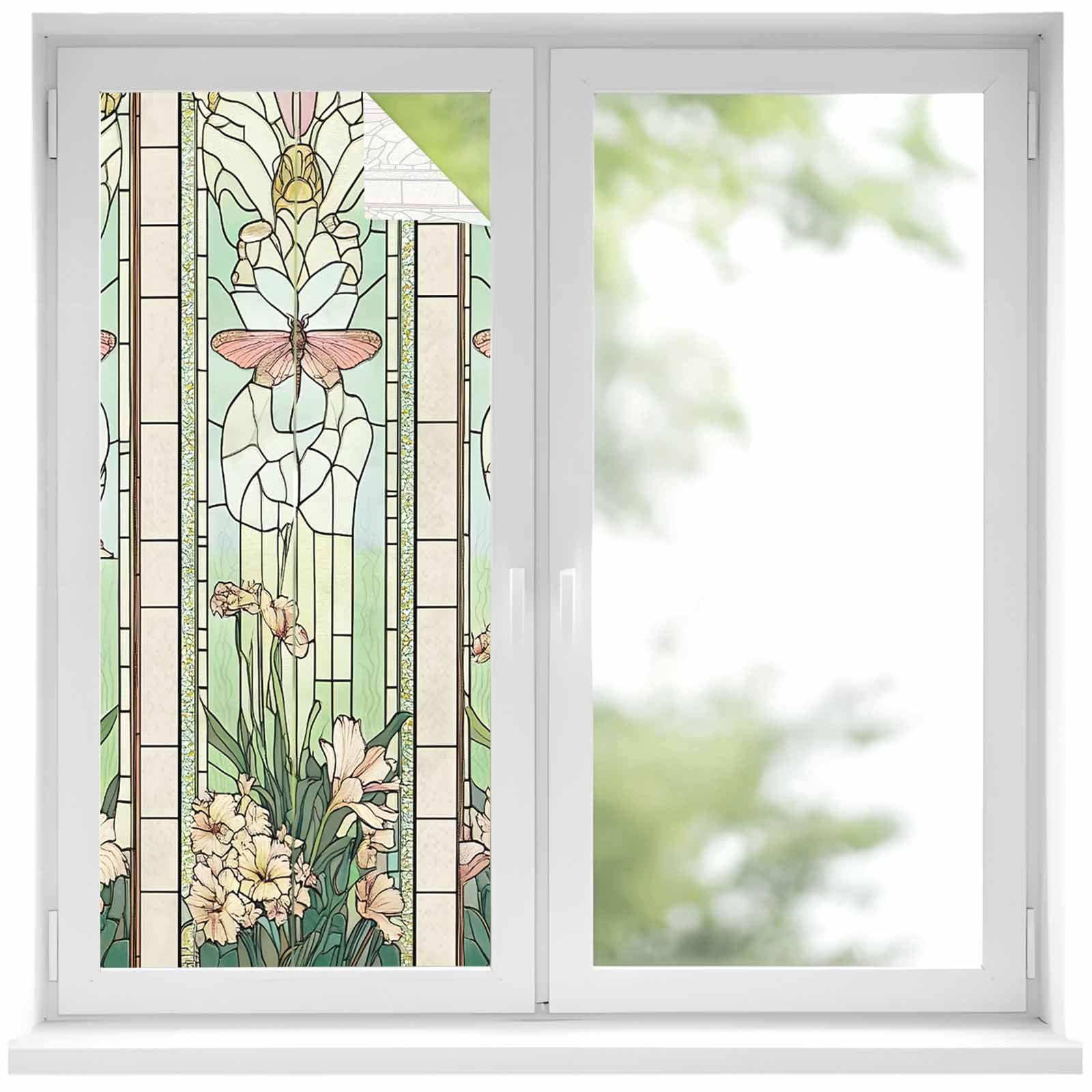 Butterfly Flowers Window Privacy Film, Vintage Stained Glass Green ...