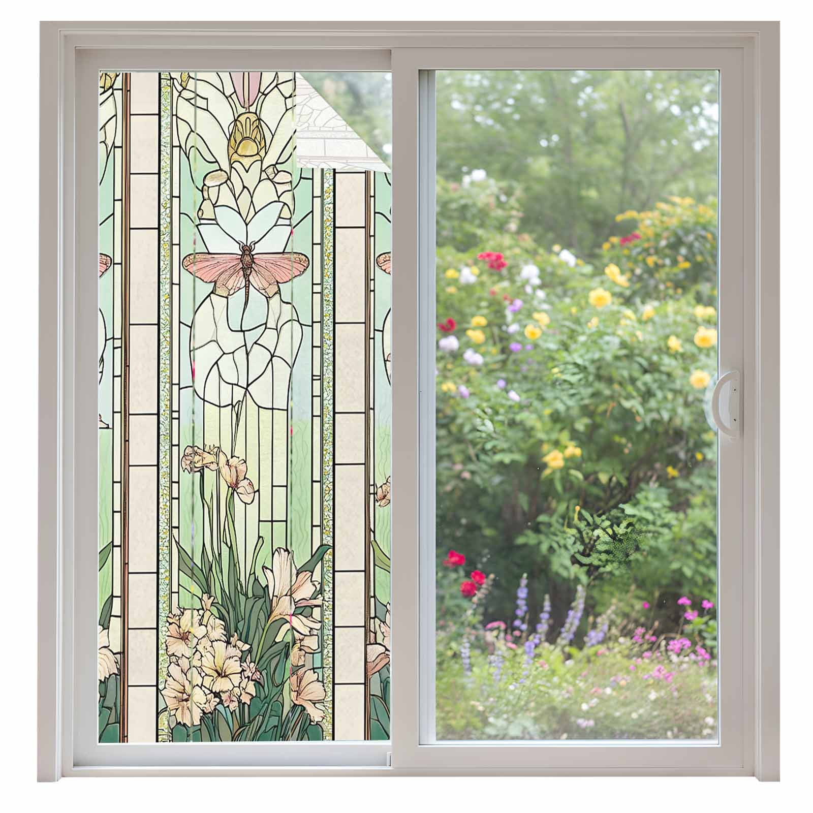 Butterfly Flowers Window Privacy Film, Vintage Stained Glass Green ...