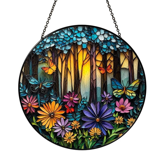 Butterfly Forest Themed Stained Glass Style Suncatcher for Window Decor ...
