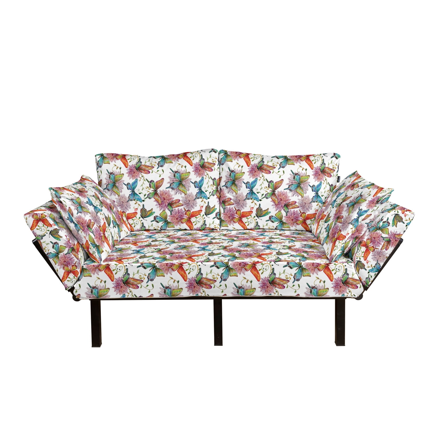 Butterfly Futon Couch, Flying Butterflies with Floral Elements Vivid ...
