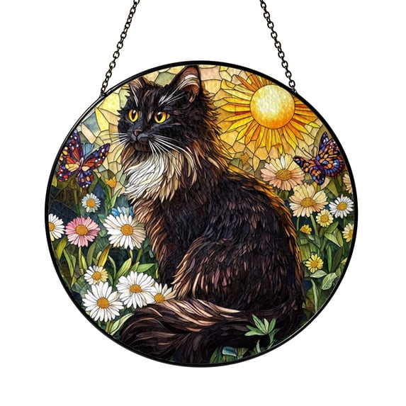 Butterfly Garden Cat Scene Window Suncatcher, Decorative Stained Glass ...