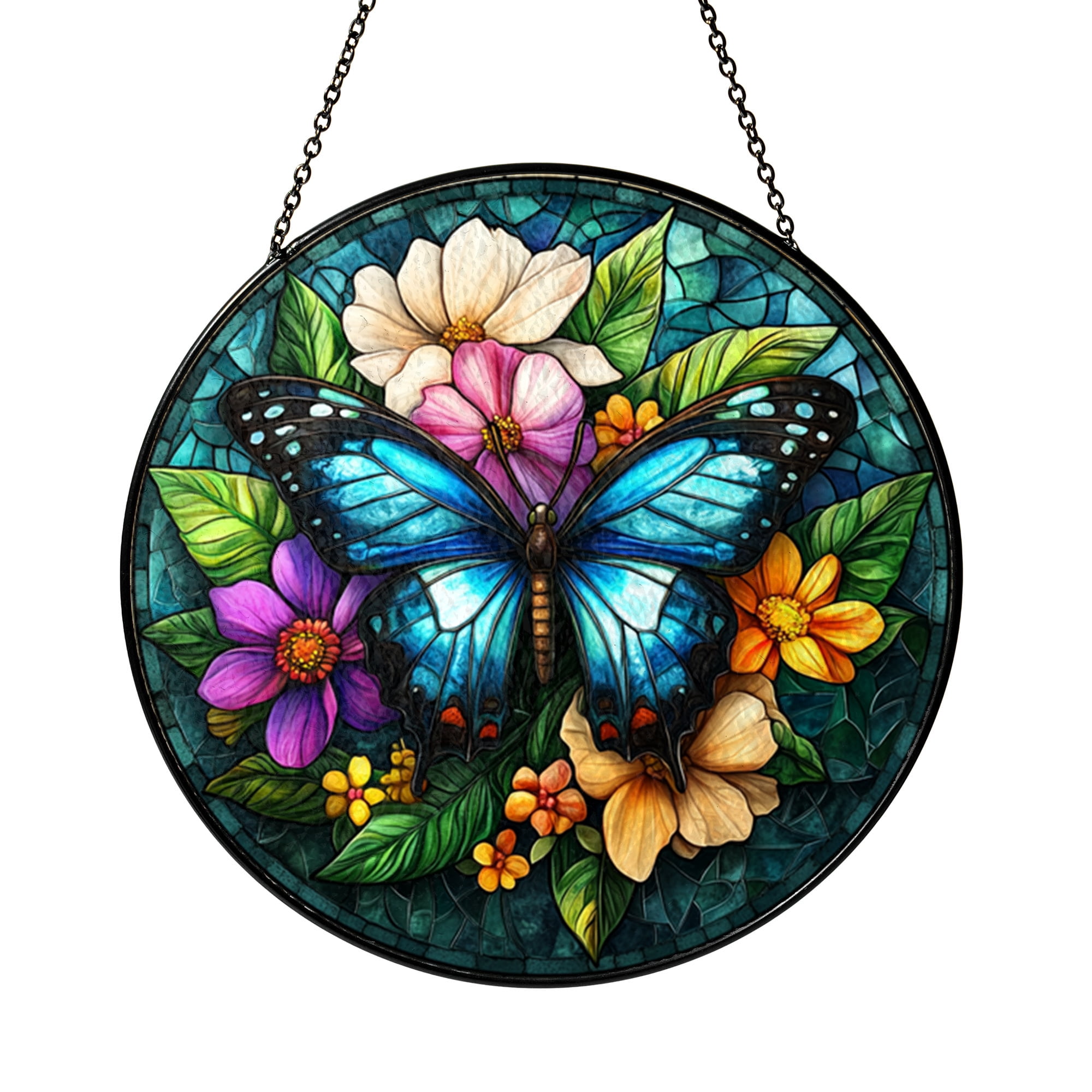 Butterfly Garden Scene Stained Glass Style Window Hanging Decor, Nature ...