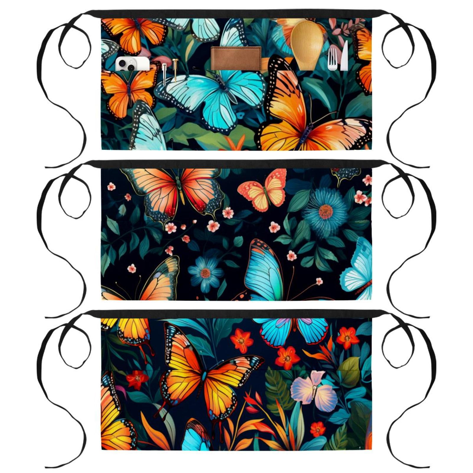 Butterfly Garden Work Apron with 3 Pockets, Printed Design - Short ...