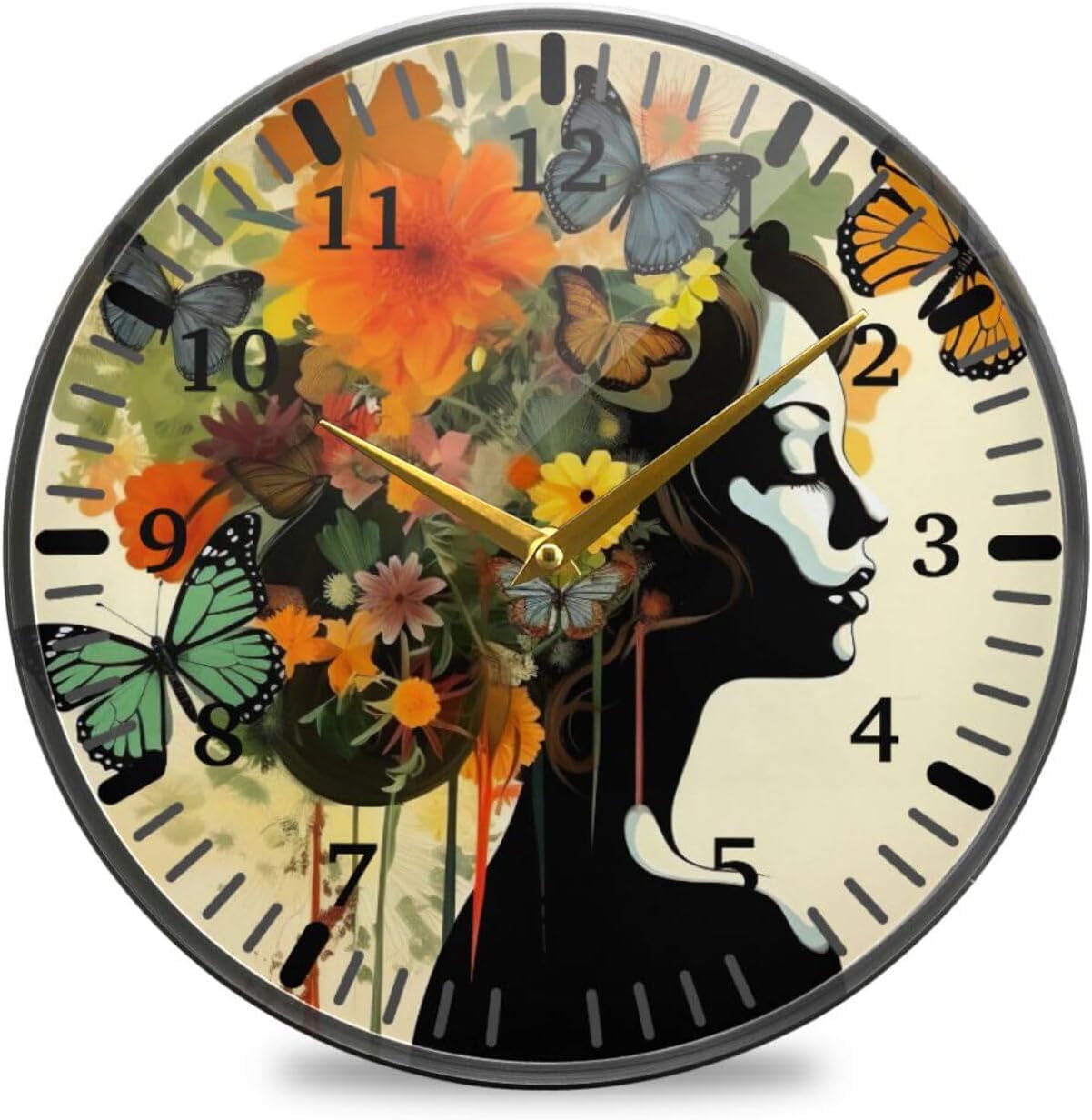 Butterfly Girl Wall Clock Silent Non-Ticking Round 12 Inch Quartz ...