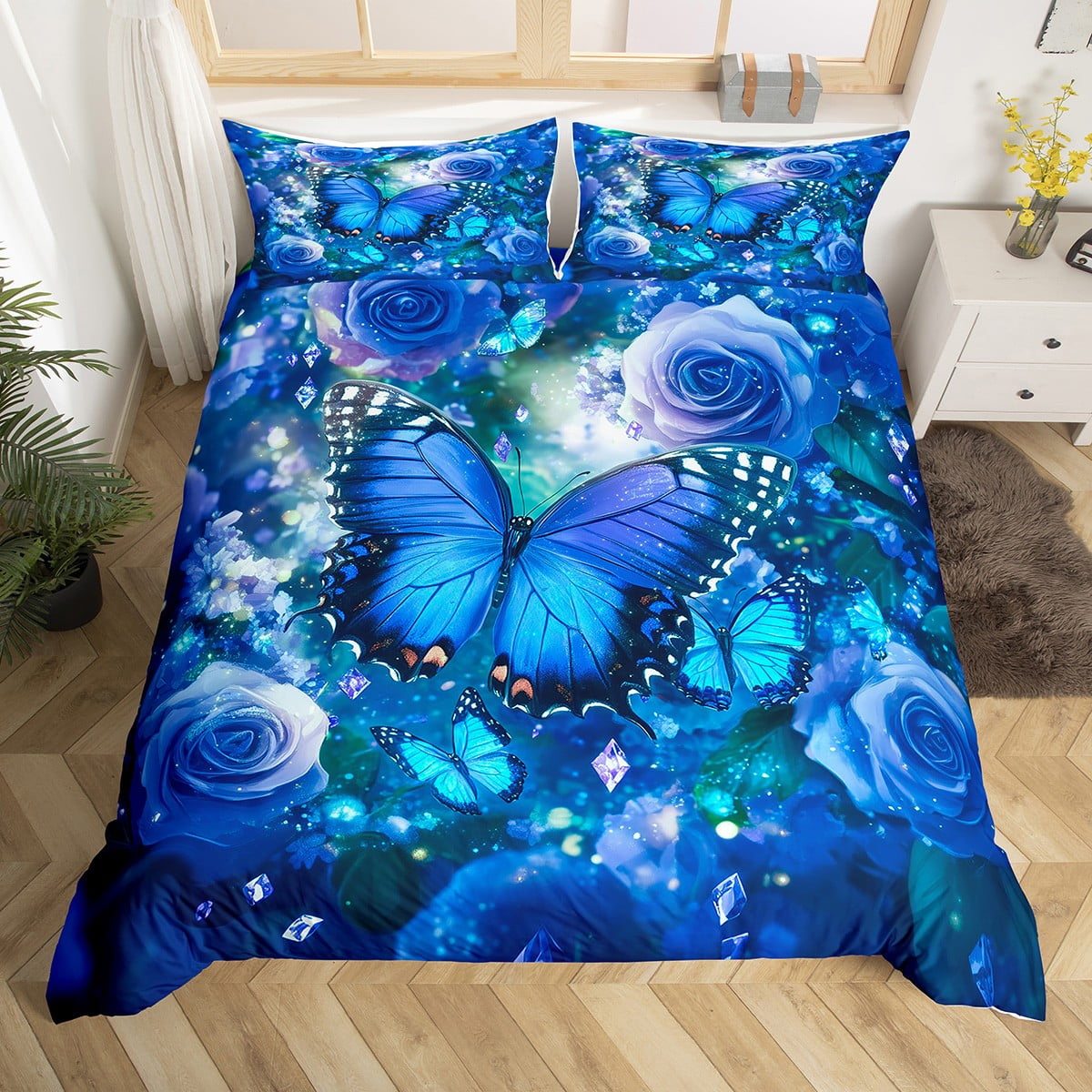 Butterfly Girls Comforter Cover King Size Blue Flowers Bedding Set ...