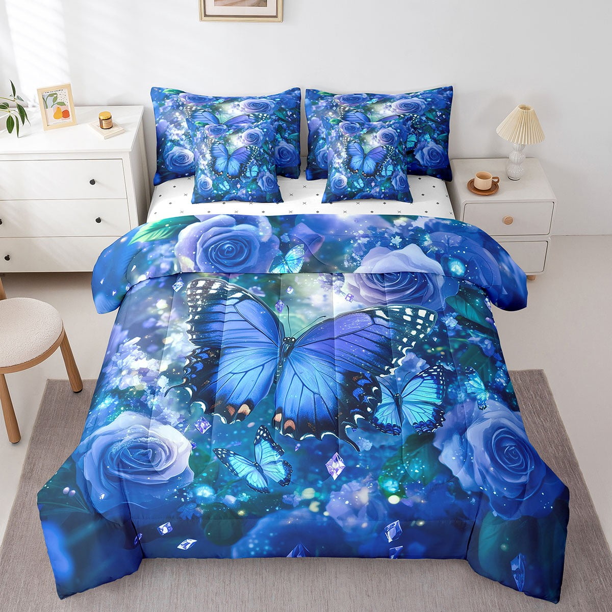 Butterfly Comforter Set Blue Flowers Twin Bedding Set 7 Pieces,Bohemian ...