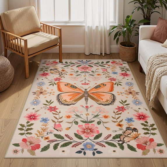Butterfly Girls Room Rug 3x5, Washable Area Rug for Dorm Non Slip Soft ...