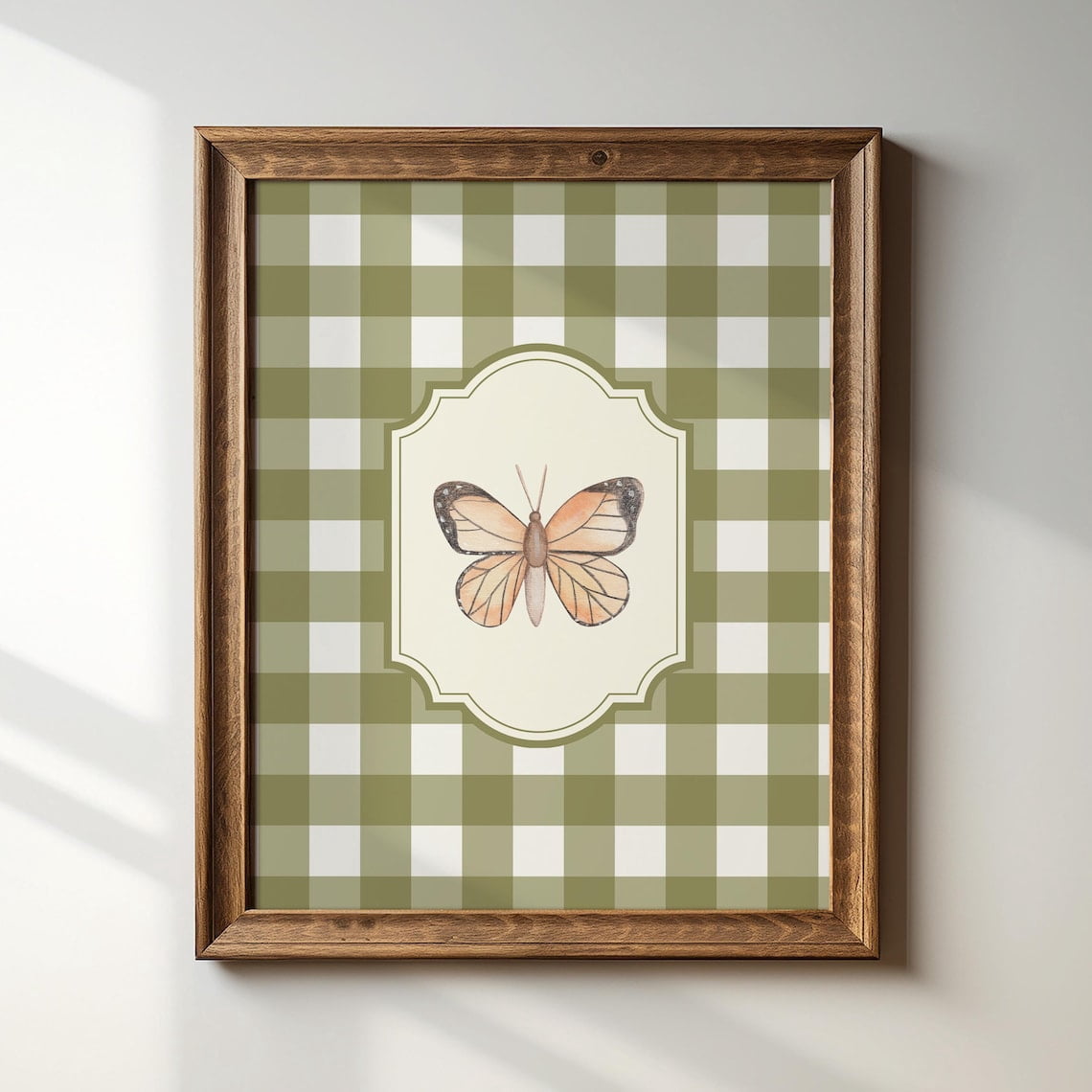 Butterfly Green Gingham Vintage Illustration Print, Art Print, Trendy ...
