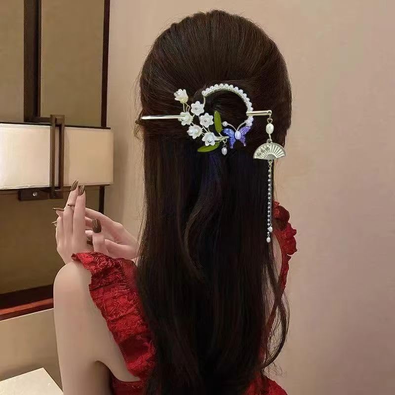 Butterfly Hair Accessory with Flowers Pearls and Dangling Chains 10 cm ...