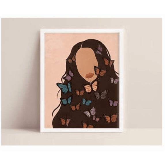 Butterfly Hair Poster Boho Woman Illustration Home Decor Office Wall ...