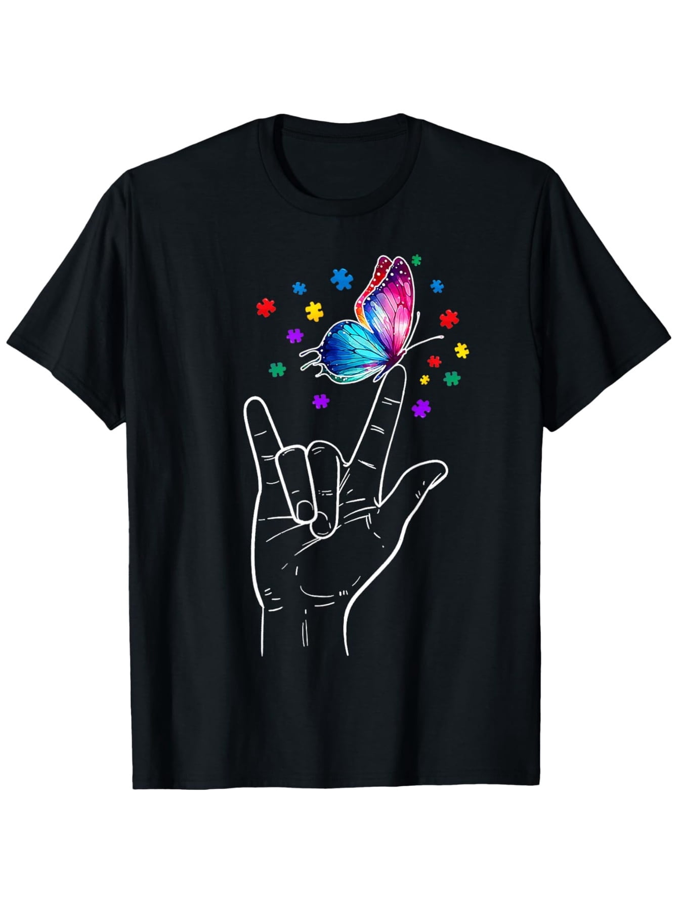 Butterfly Hand Sign Language T-Shirt - 100% Cotton, Black Short Sleeve ...