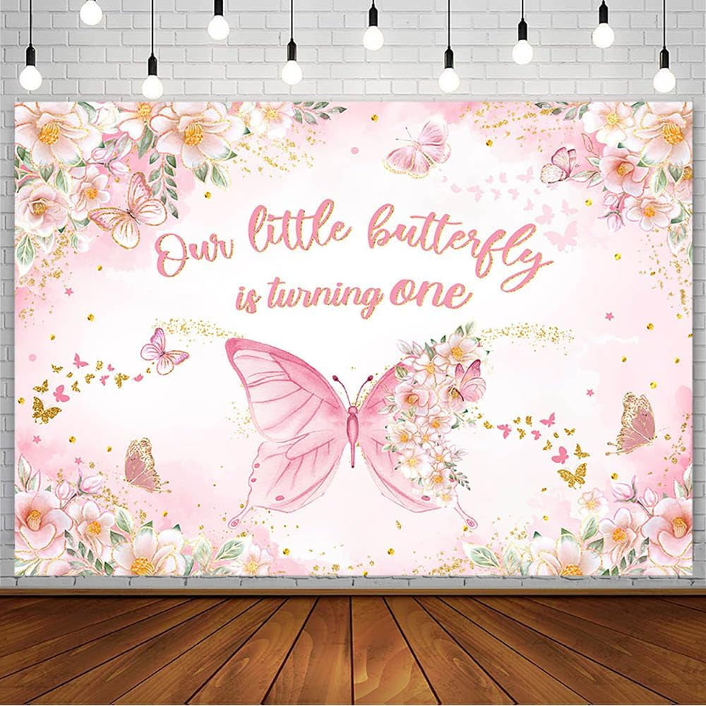 Butterfly Happy 1st Birthday Backdrop for Girls Our Little Butterfly is ...