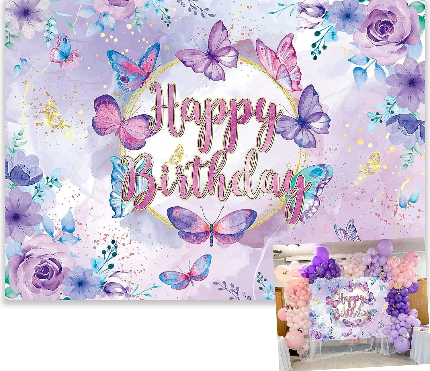 Butterfly Happy Birthday Backdrop Butterfly Birthday Banner Purple ...