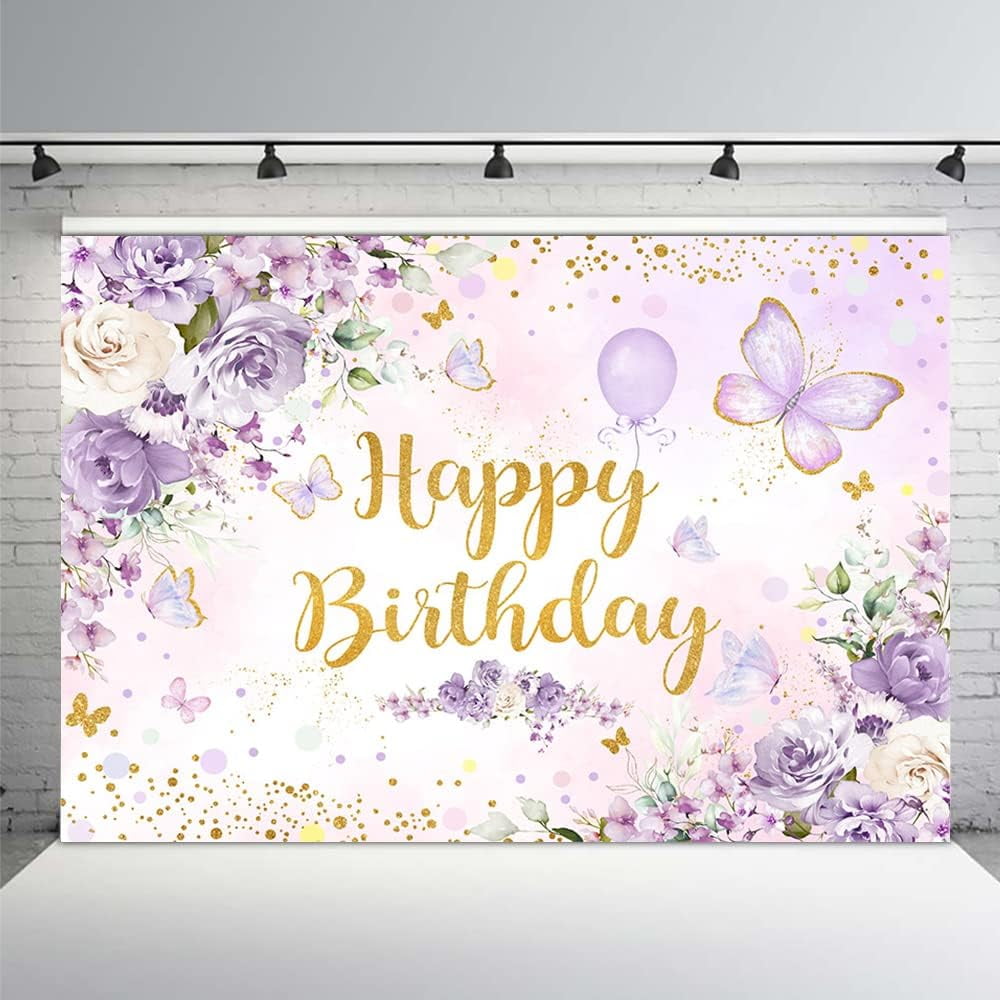 Butterfly Happy Birthday Backdrop for Girls Purple Floral Pastel ...