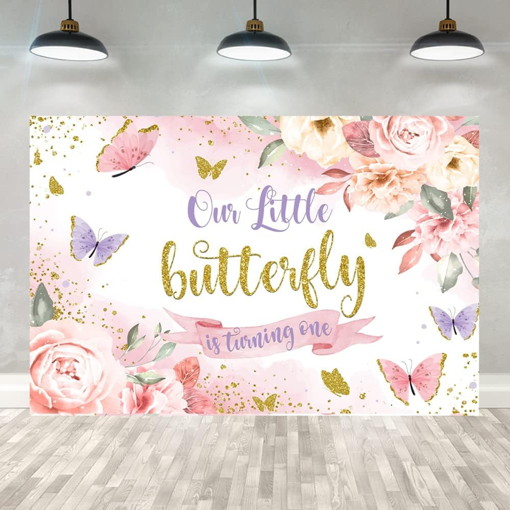 Butterfly Happy Birthday Backdrop Pink Butterfly Floral Girls 1st ...