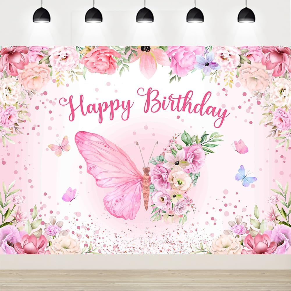 Butterfly Happy Birthday Backdrop Pink Butterfly Birthday Backdrop Pink ...